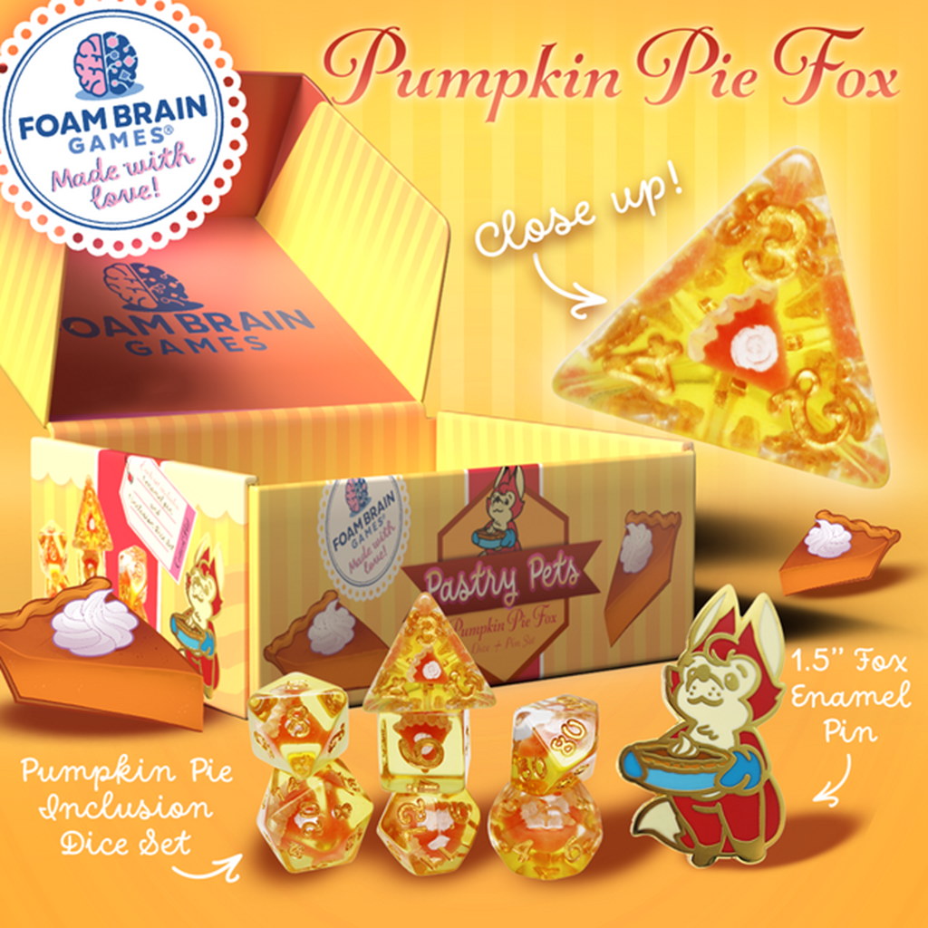 FBG Pastry Pets: Pumpkin Pie Fox Dice & Pin Set – Halcyon Games